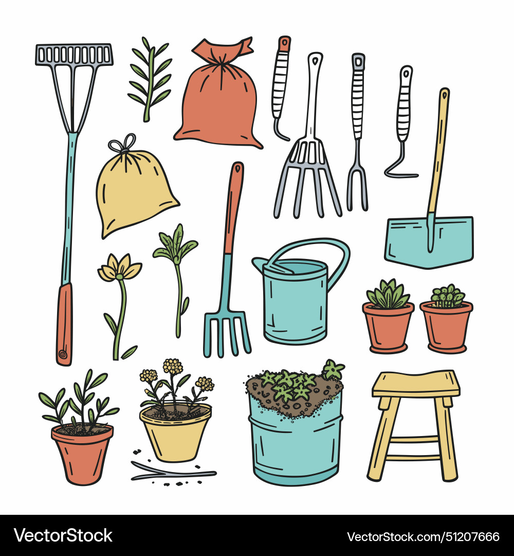 Hand drawn colorful gardening tools plants doodle Vector Image