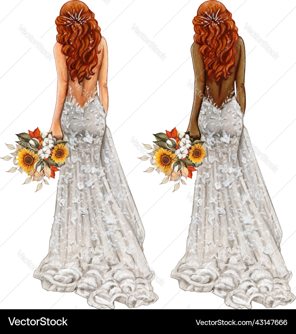 Watercolor boho bride back view Royalty Free Vector Image