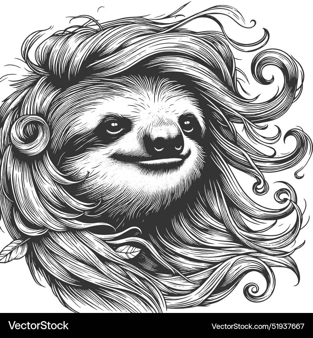 Whimsical sloth with flowing hair engraving Vector Image