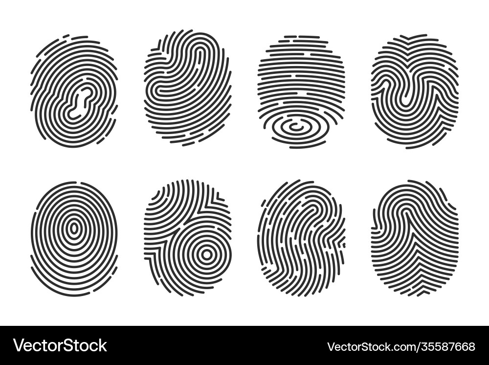 Black detailed fingerprints flat set Royalty Free Vector