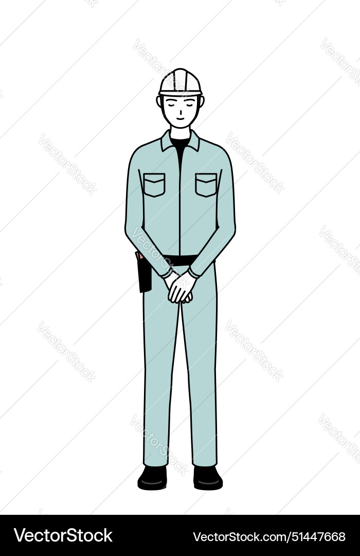 Man in helmet and workwear bowing with folded Vector Image