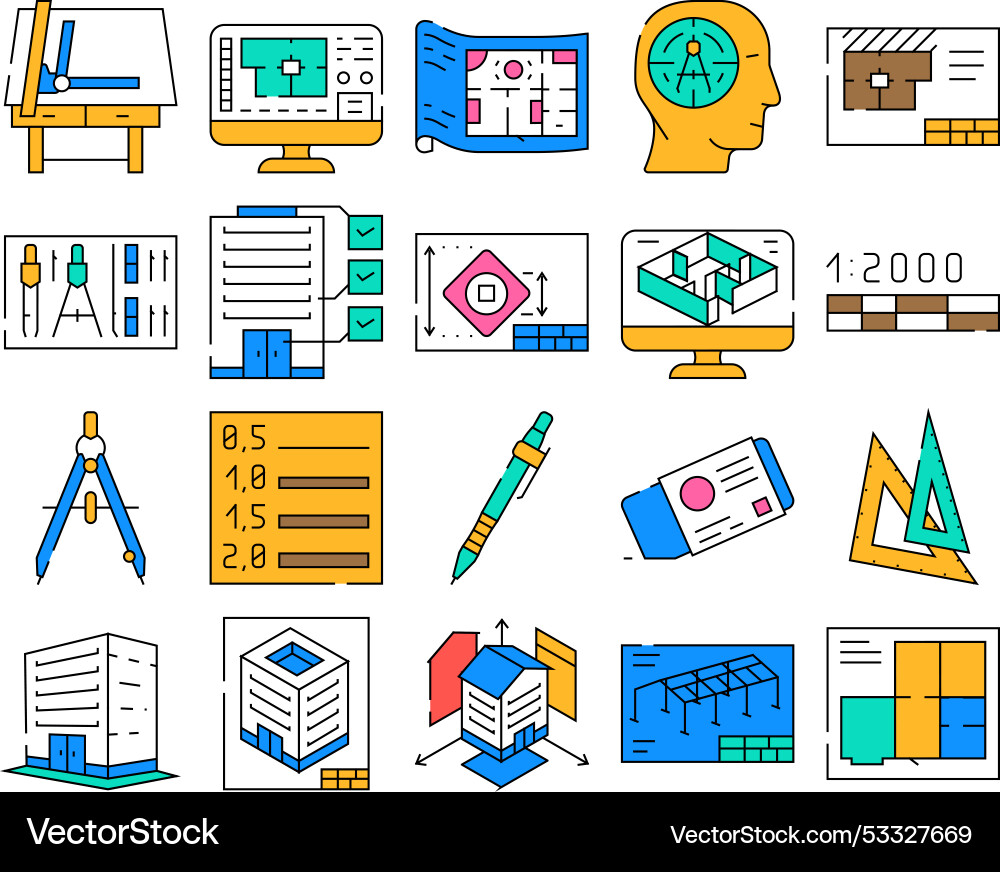 Architectural drafter drawing icons set Royalty Free Vector