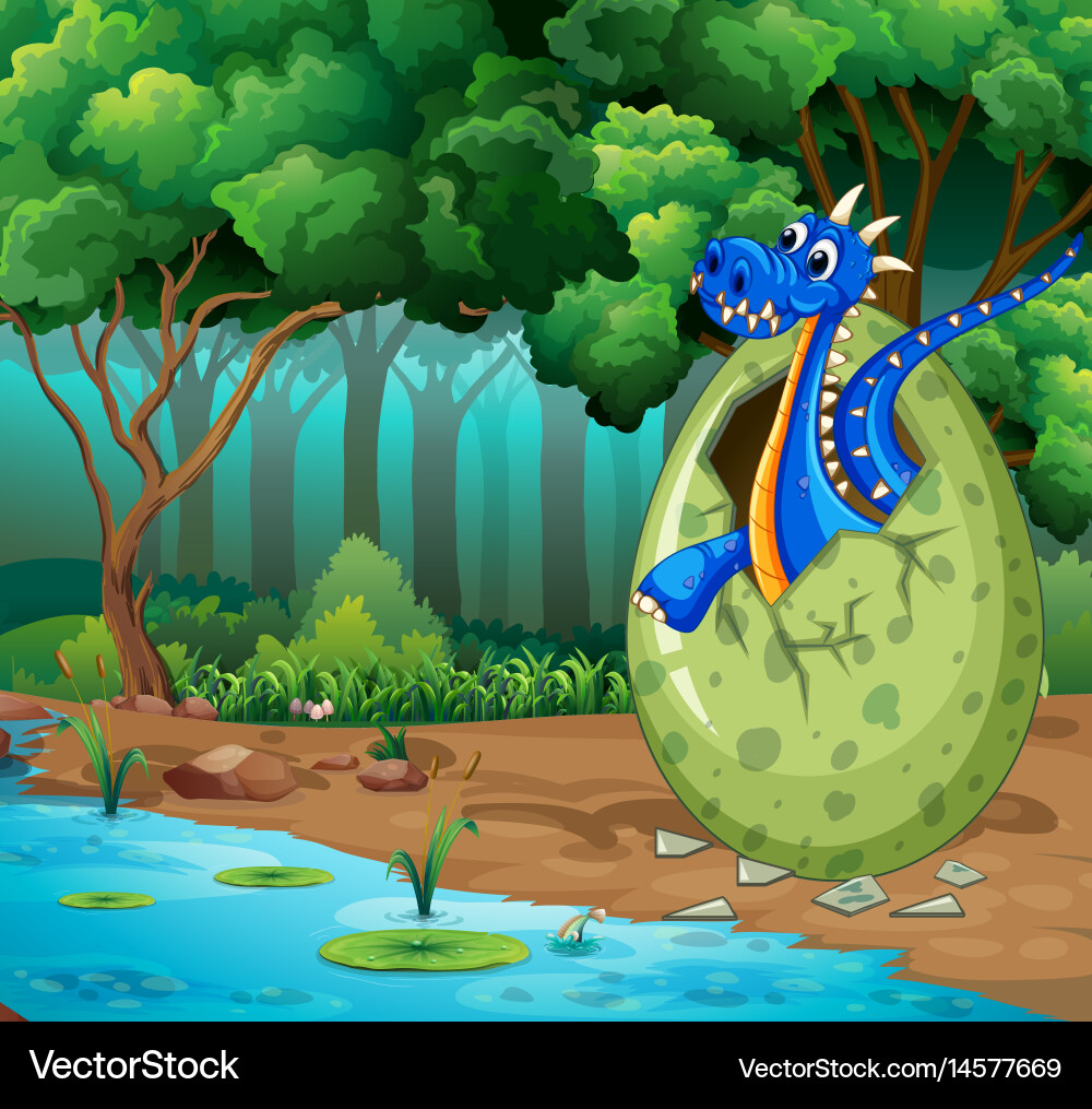 Forest scene with blue dragon hatching egg Vector Image