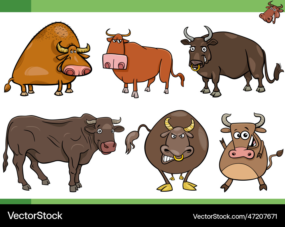 Cartoon bulls farm animals comic characters set Vector Image