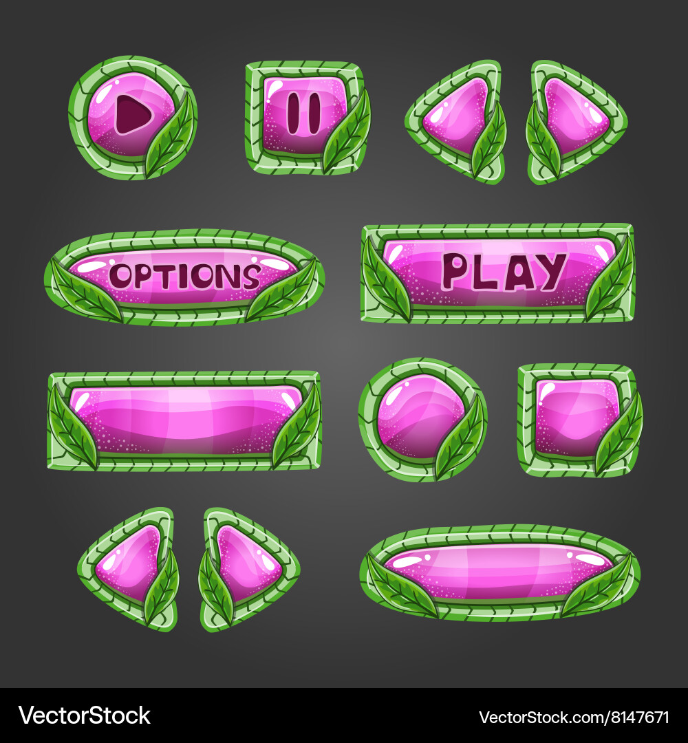 Cartoon pink buttons with leaves game interface Vector Image