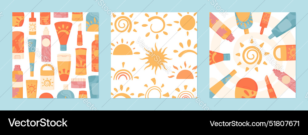 Cartoon sun shape and sunscreen background set Vector Image