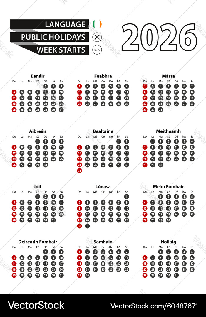 Irish calendar 2026 with numbers in circles week Vector Image