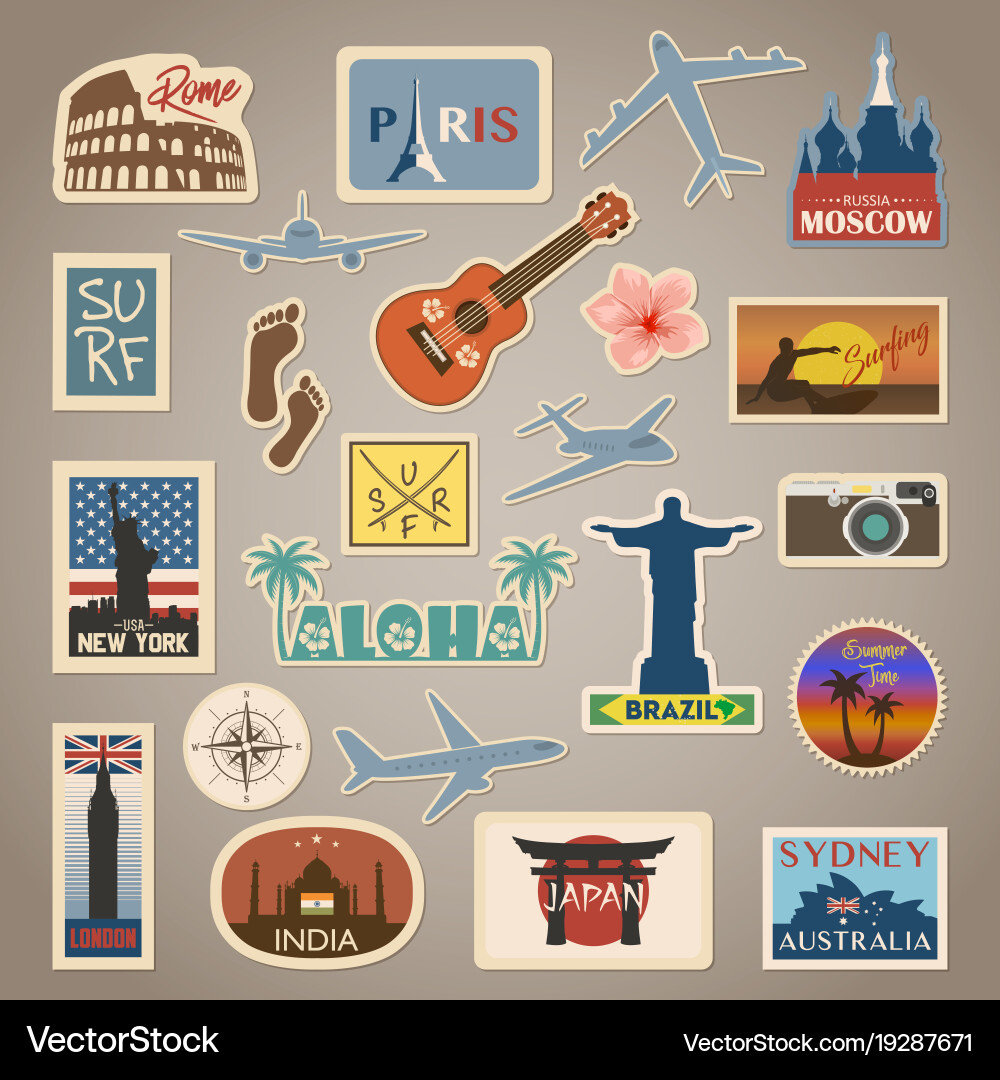 Travel Stickers: World Landmarks & Cities Vector Image