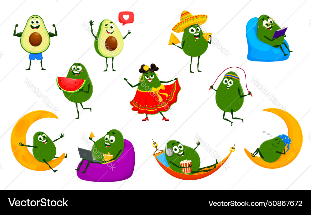 Cartoon mexican avocado characters set Royalty Free Vector
