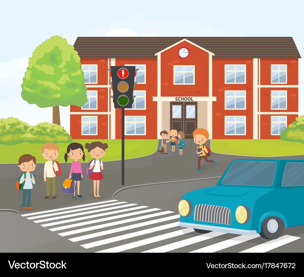 Children wait for a green traffic light signal Vector Image