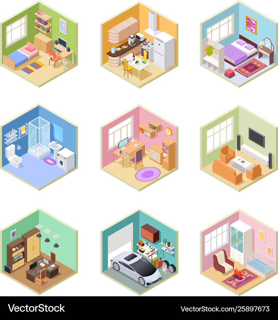 Isometric rooms designed house living room Vector Image