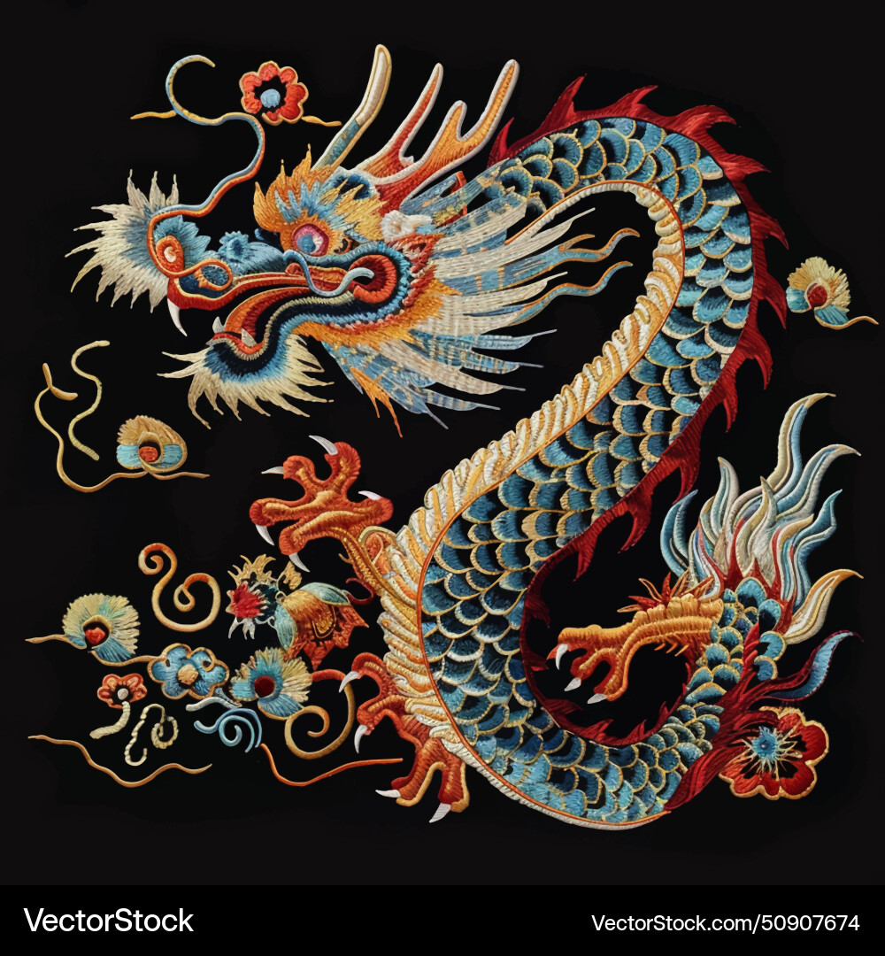 Embroidery style textured bright chinese dragon Vector Image