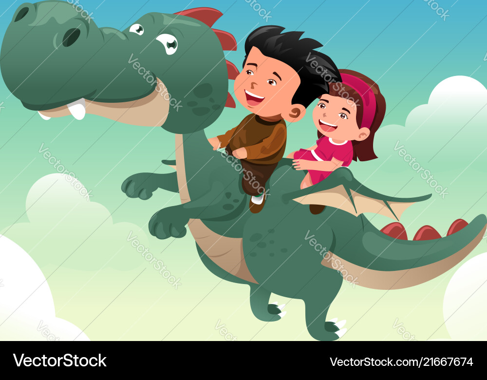 Kids riding on a cute dragon Royalty Free Vector Image