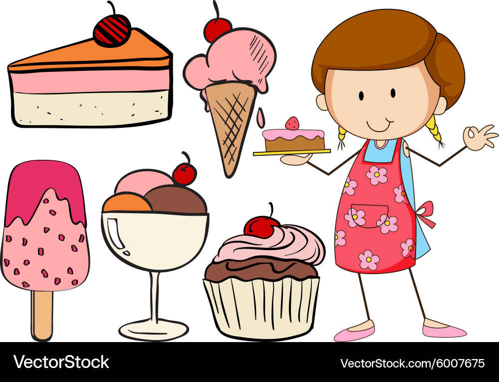 Bakery set with baker and desserts Royalty Free Vector Image