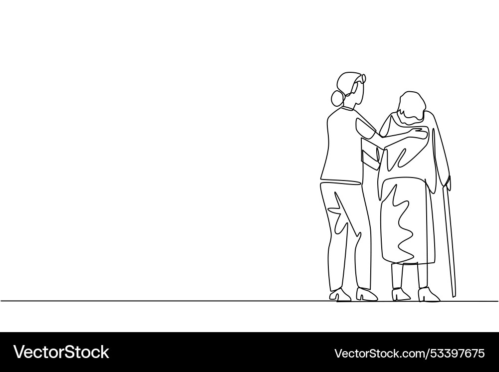 Continuous one line drawing back view caregiver Vector Image