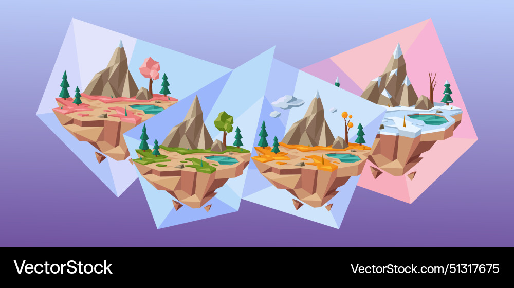 Low poly four seasons landscape abstract floating Vector Image