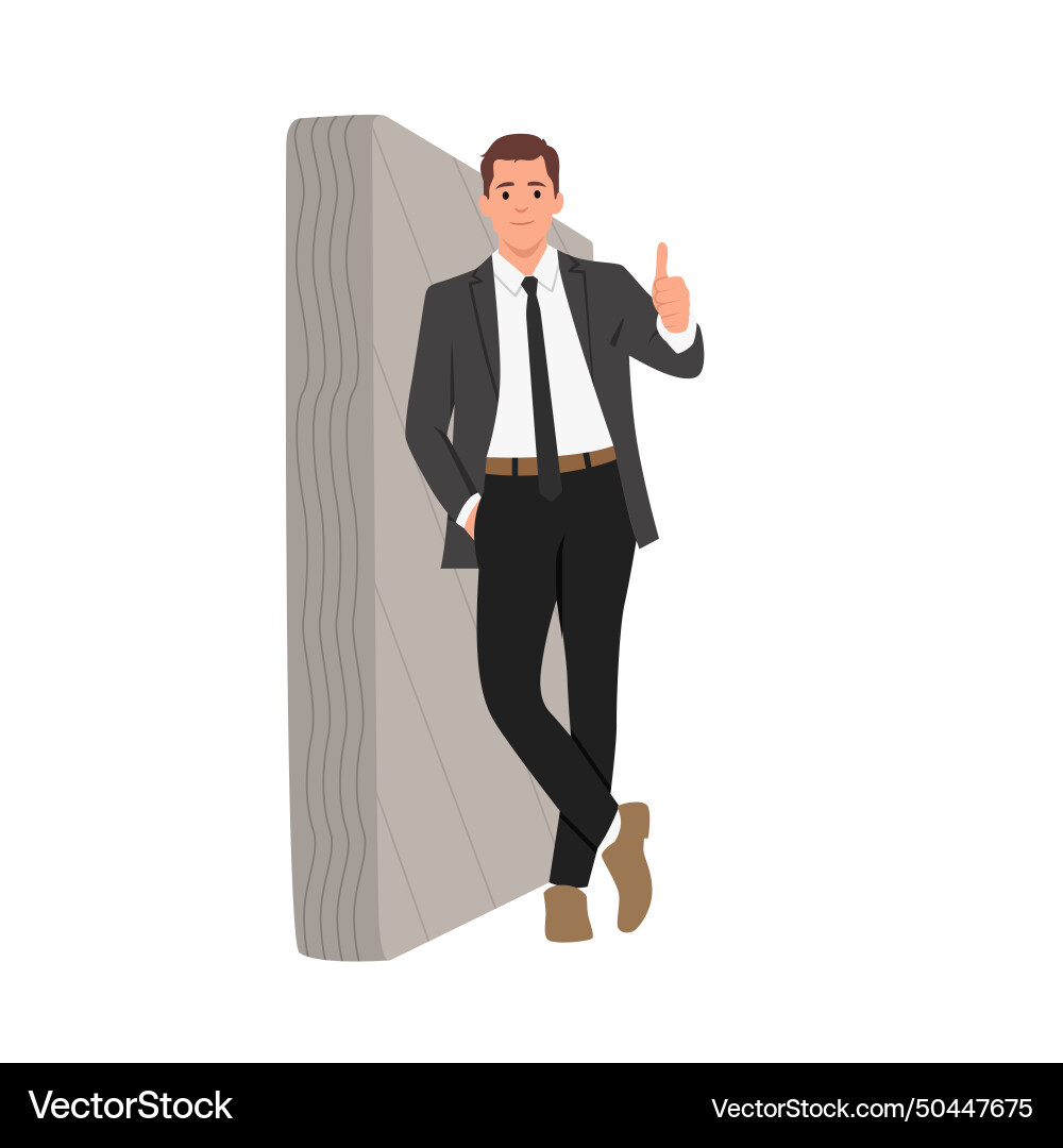 Man in a black suit and tie leaning on wall Vector Image