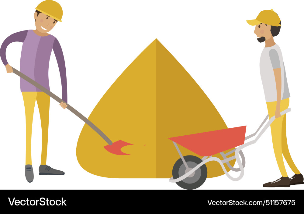 Team of workmen loading sand into wheelbarrow Vector Image