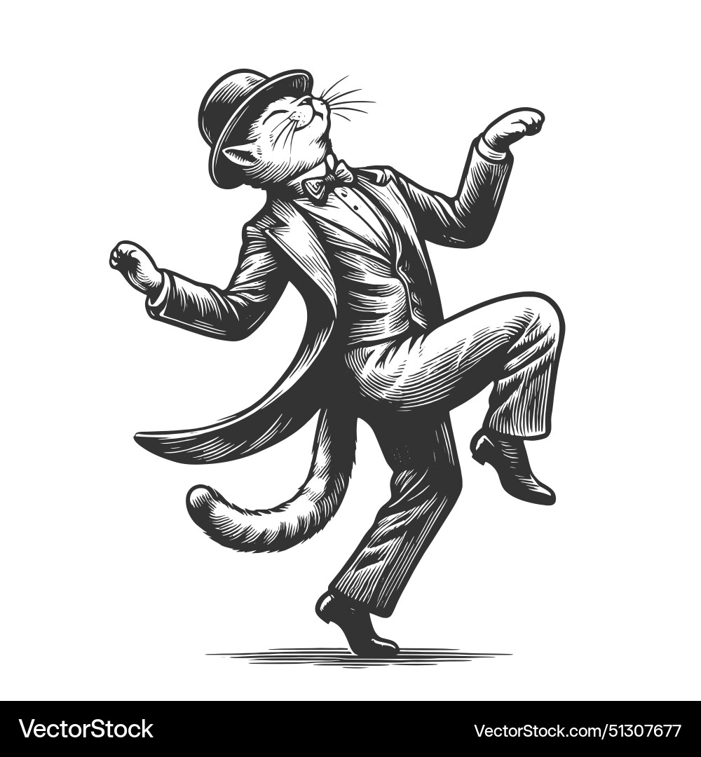 Cat dancing joyfully engraving Royalty Free Vector Image