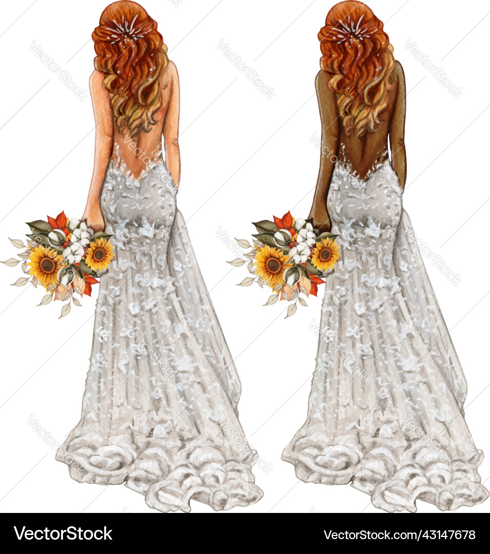 Watercolor boho bride back view Royalty Free Vector Image