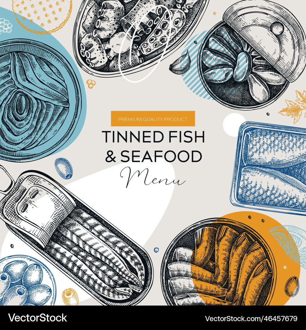 Collage-style tinned fish table design hand-drawn Vector Image