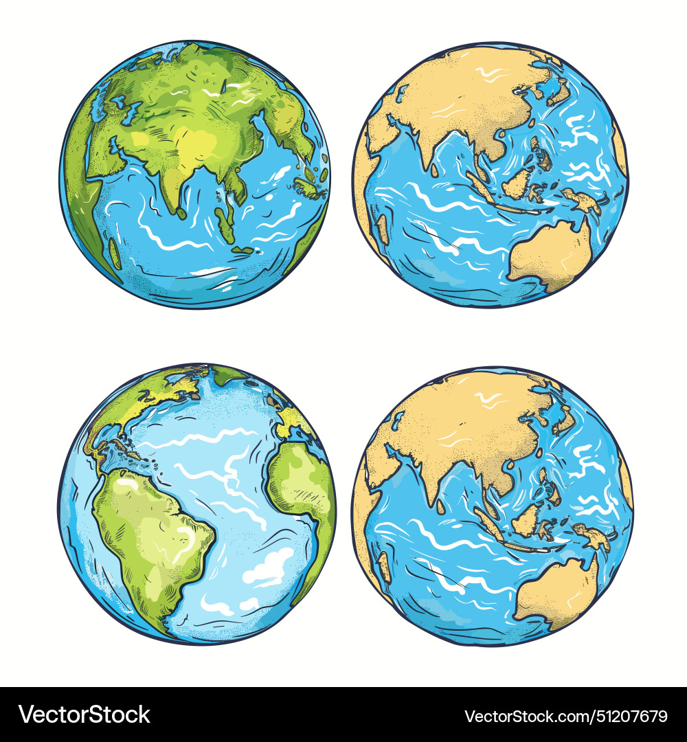 Four globes showing continents different angles Vector Image