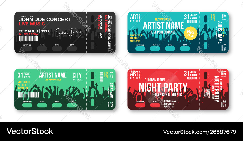 Set concert tickets template party Royalty Free Vector Image