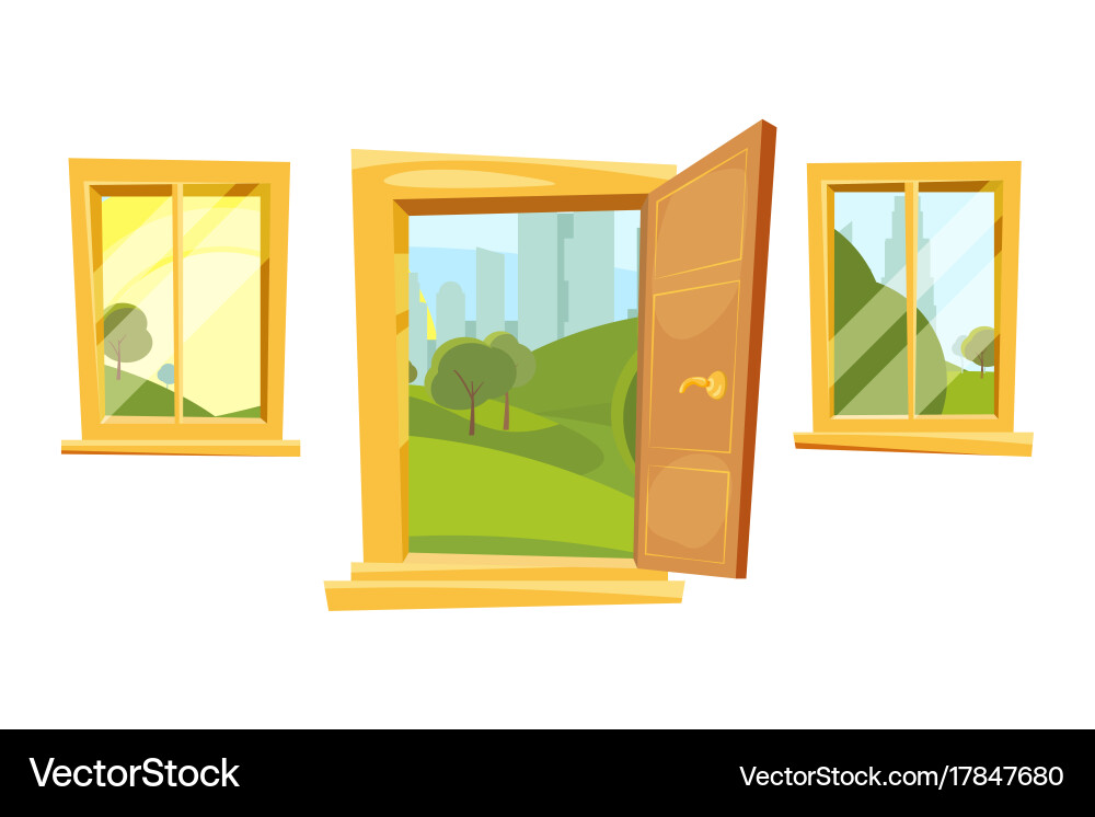 Open doors and sunset landscape behind windows Vector Image