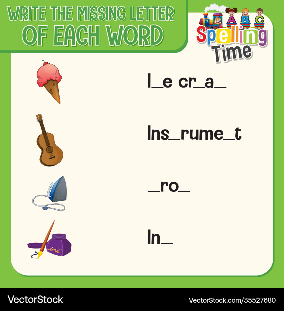 Write missing letter each word worksheet Vector Image