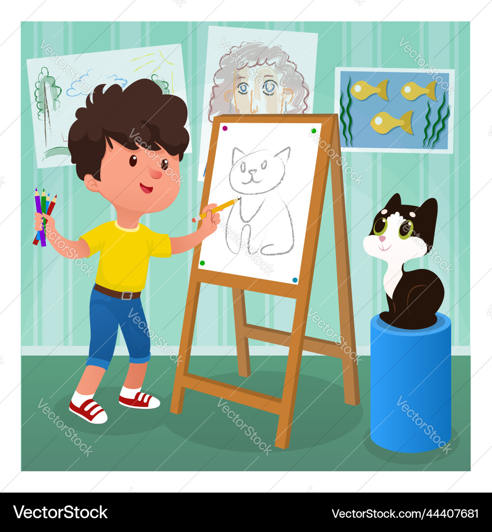 Cute kid drawing his cartoon Royalty Free Vector Image