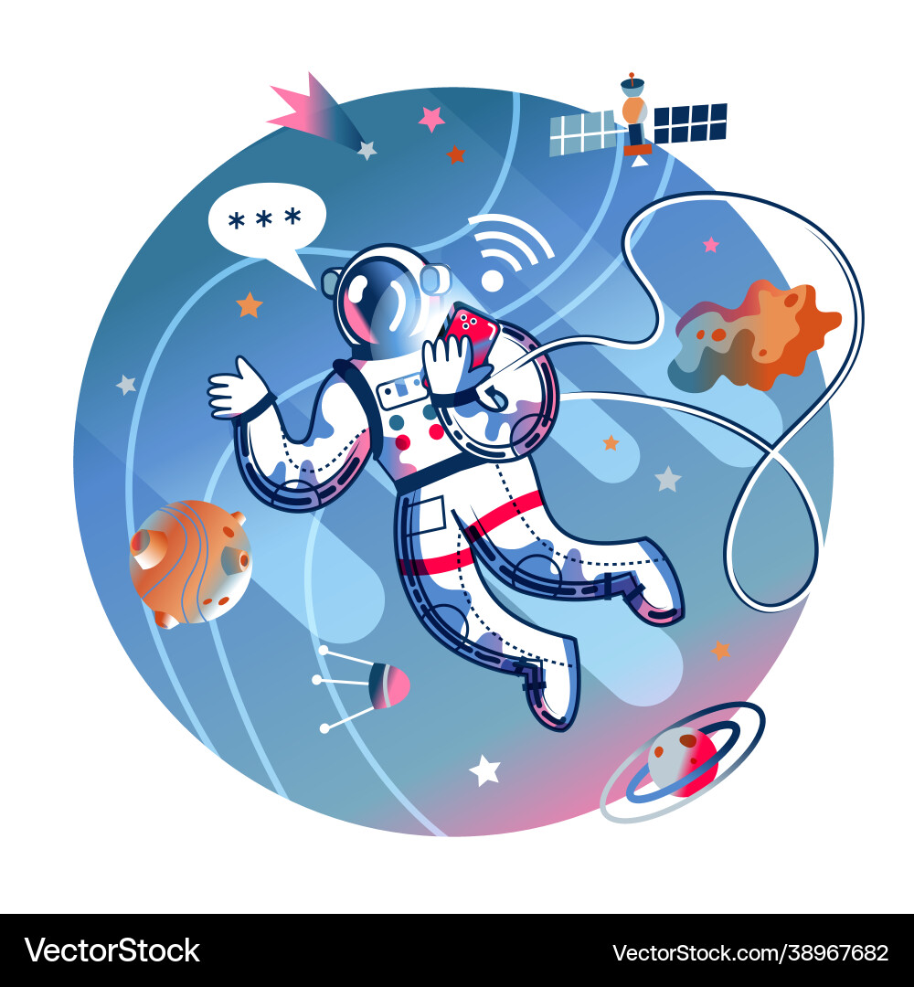 Funny astronaut messaging on phone in space man Vector Image