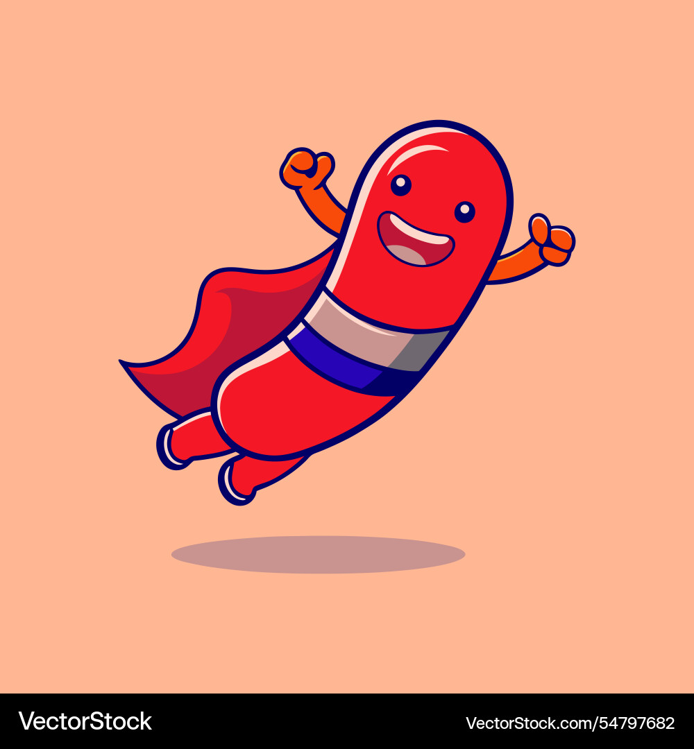 Smiling capsule superhero flying with cape Vector Image