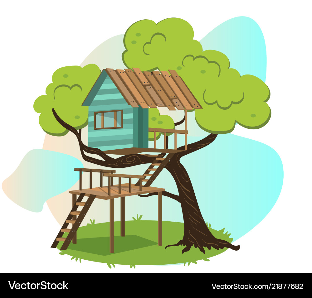 Wooden treehouse with upstairs poster Royalty Free Vector