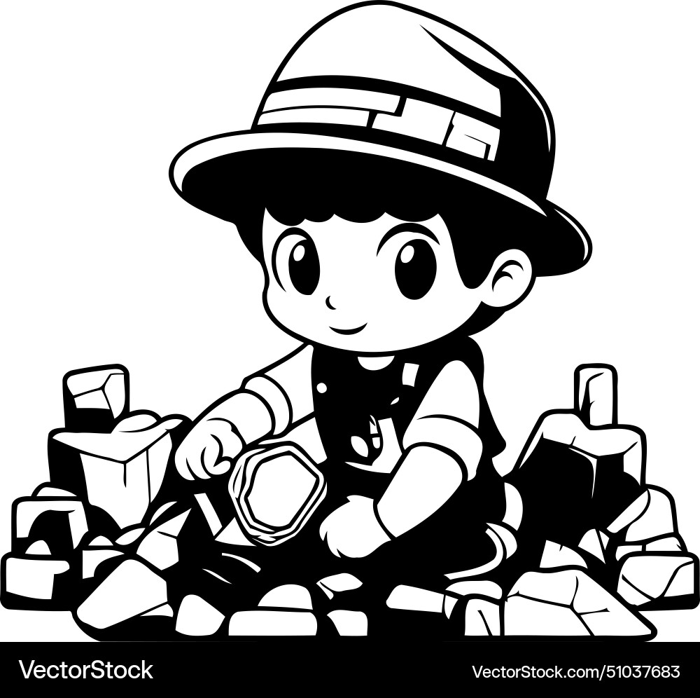 Cute little explorer boy sitting on the rocks Vector Image