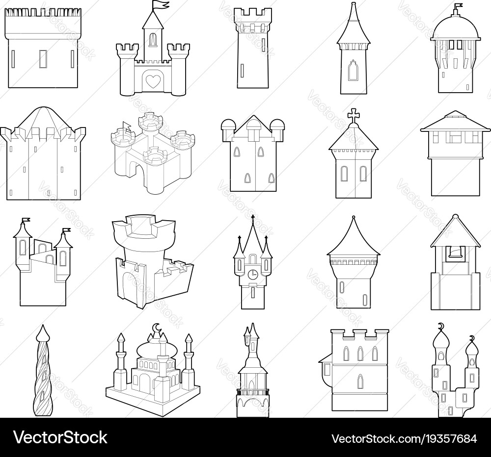 Castle icon set outline style Royalty Free Vector Image