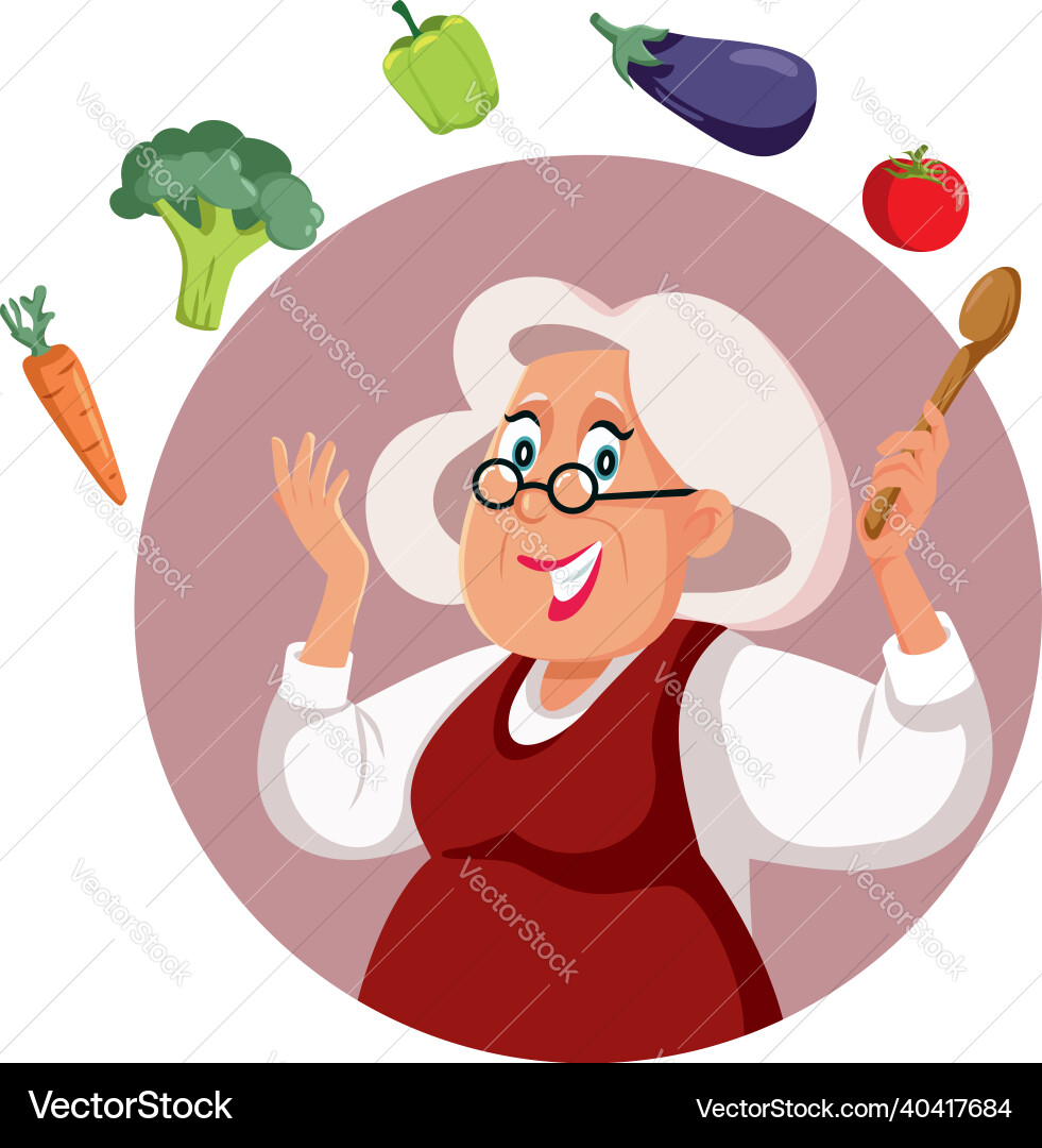 Happy grandma cooking with fresh ingredients Vector Image