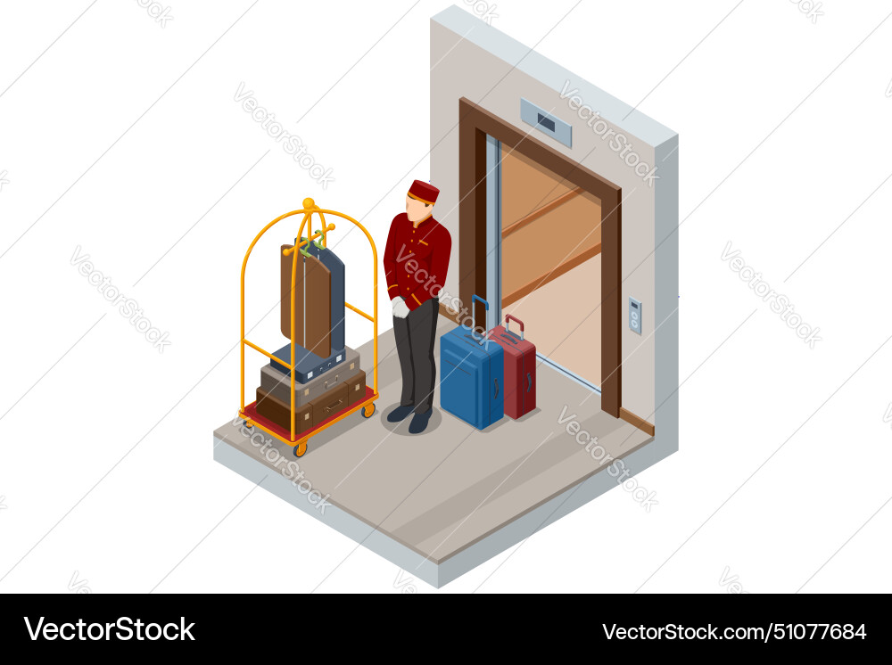 Isometric porter with baggage bellhop in uniform Vector Image