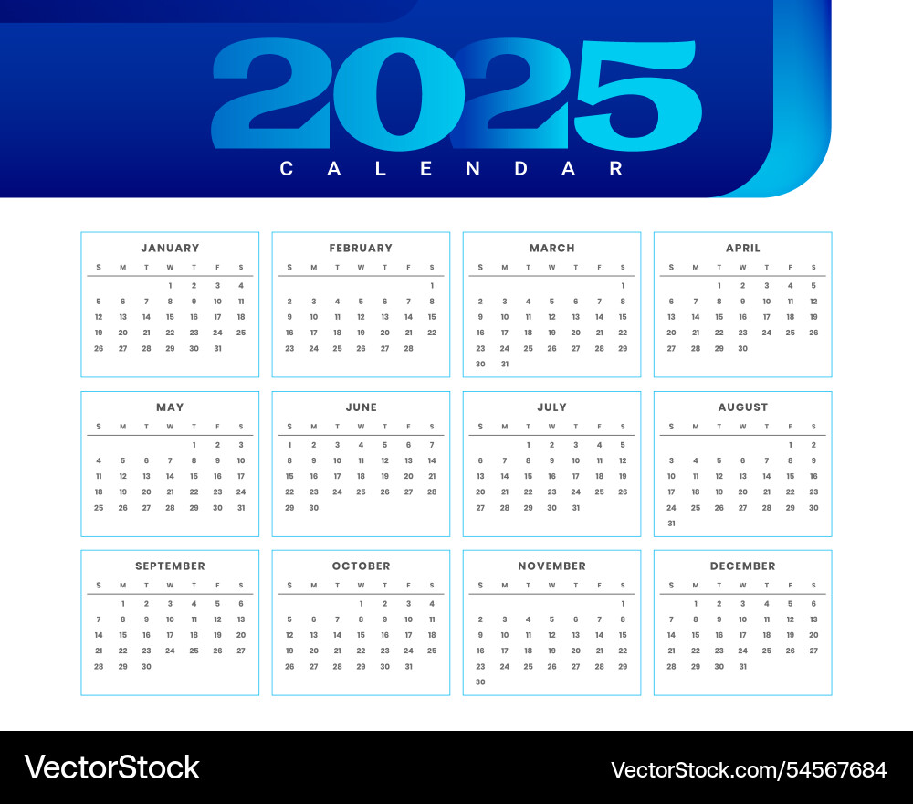 White blue 2025 annual calendar template in Vector Image