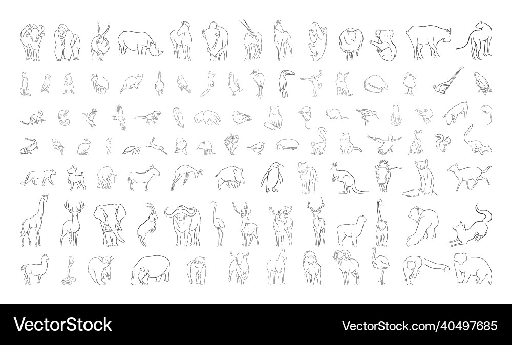 Collection of animals in linear style Royalty Free Vector