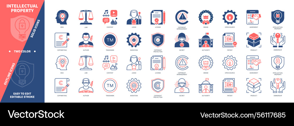 Intellectual property solid outline set Royalty Free Vector