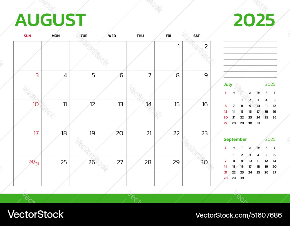 August 2025 calendar week start on sunday desk Vector Image