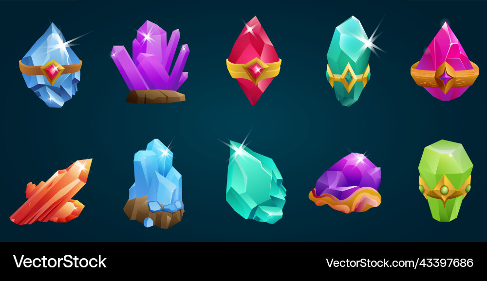 Crystal gem stones set magic precious colorful Vector Image