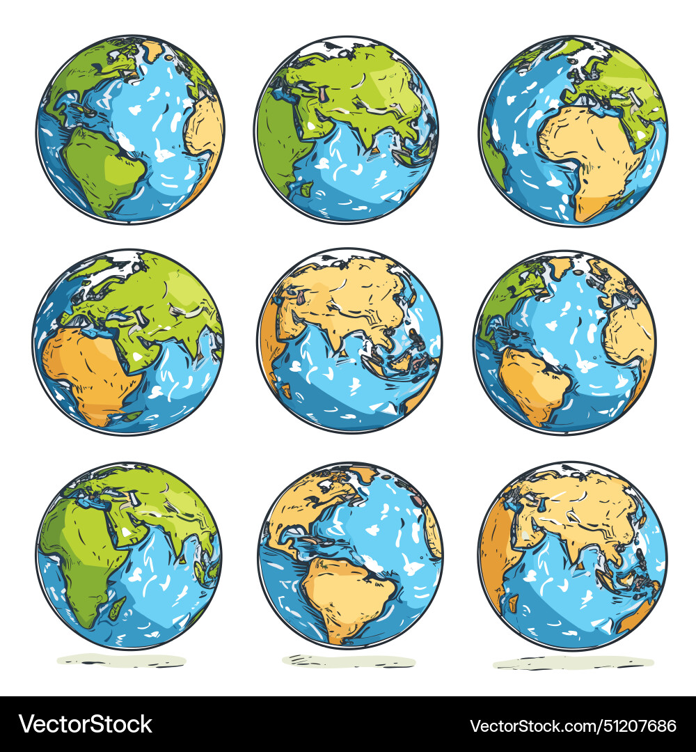 Handdrawn colorful globes showing various Vector Image