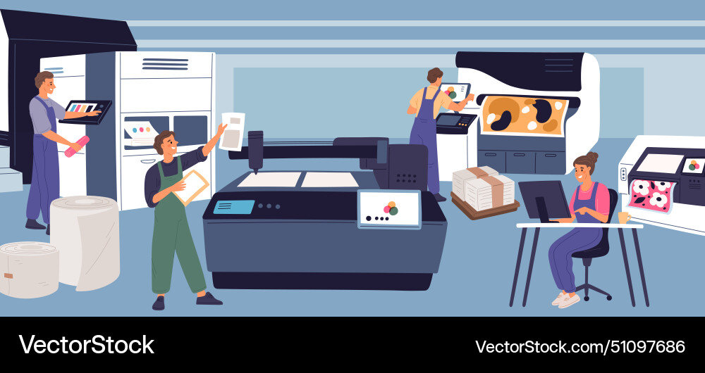 Printing house staff working polygraphy Royalty Free Vector