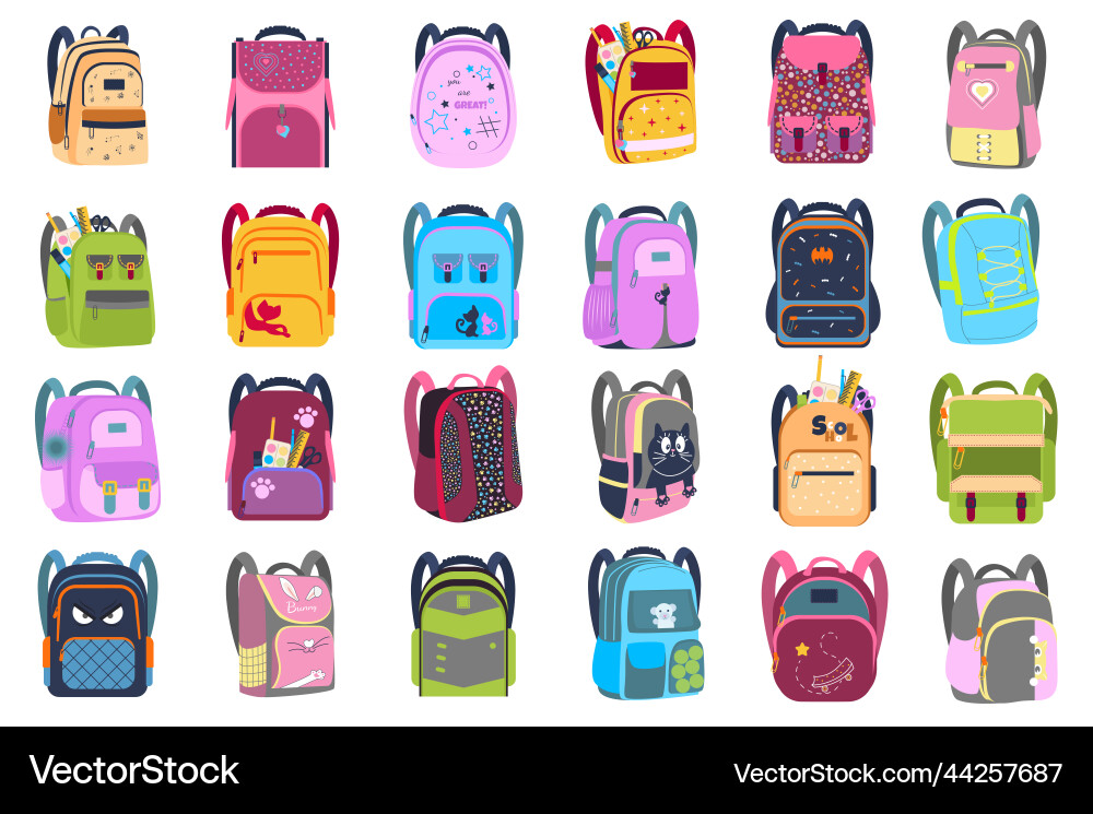 Backpacks set with cute cartoon elements in flat Vector Image