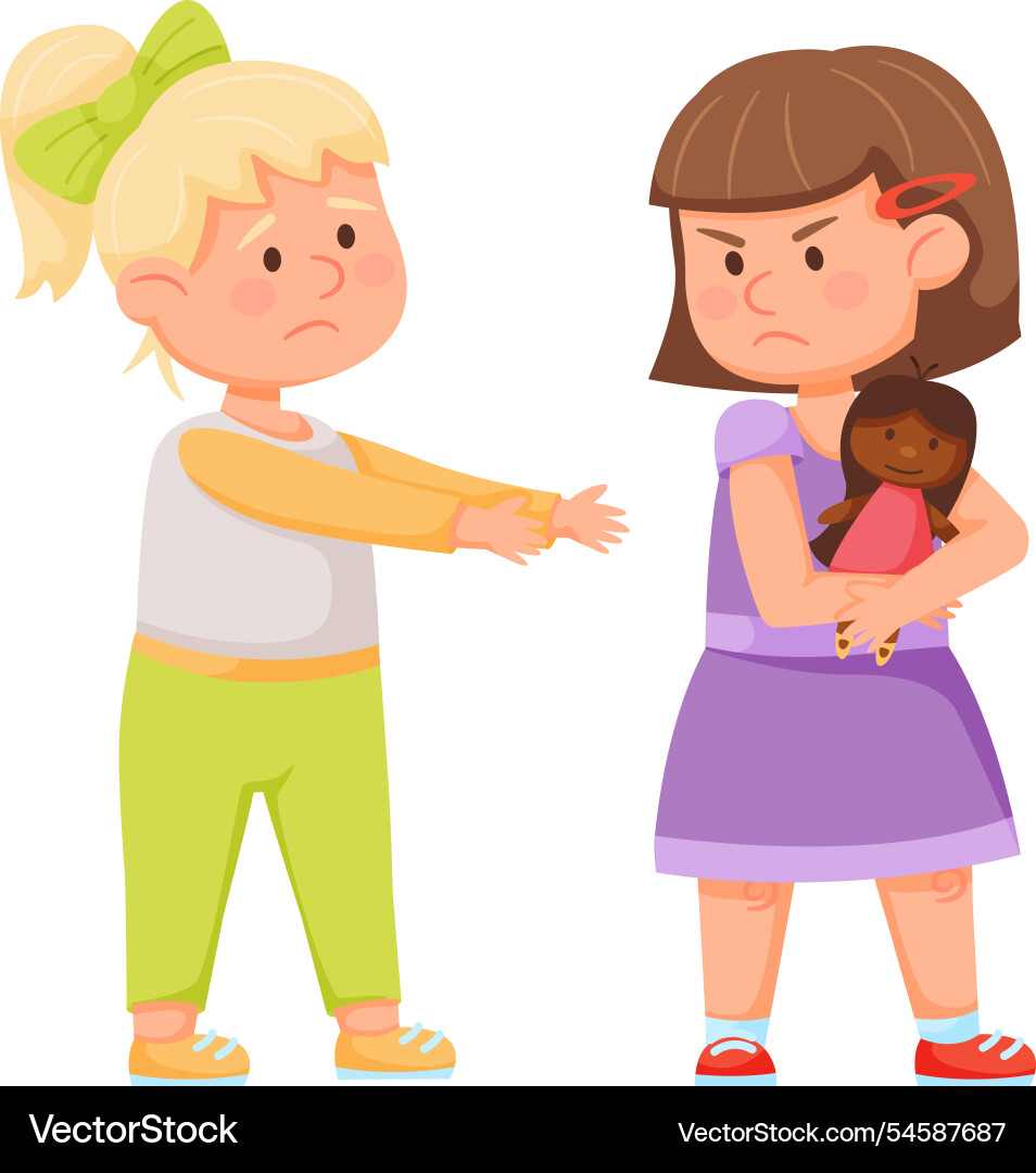 Selfish little girl is refusing to share her doll Vector Image
