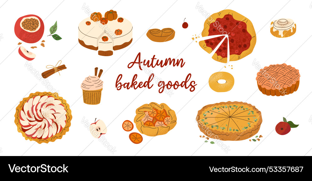 Set autumn baked goods design elements Royalty Free Vector