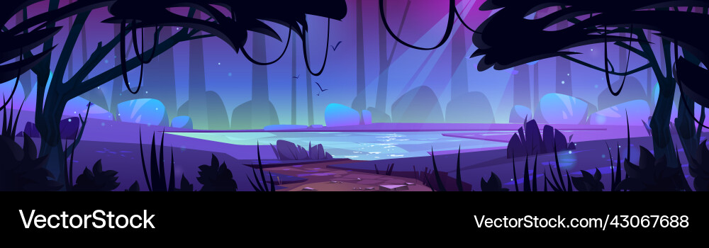 Jungle forest with lake and path at night Vector Image