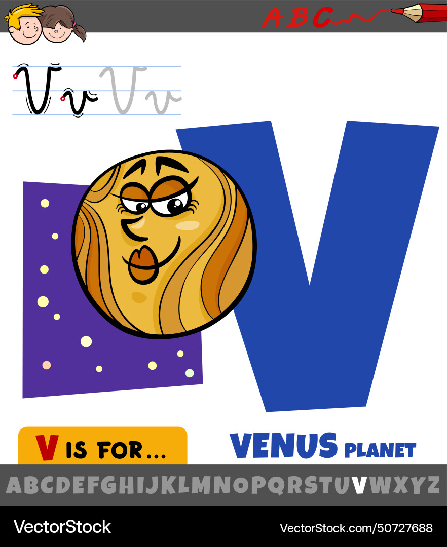 Letter v from alphabet with venus planet comic Vector Image