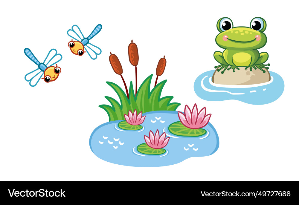 Set of cute frog character pond dragonflies Vector Image